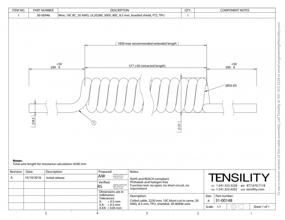 Tensility International 31-00148 cable assembly drawing