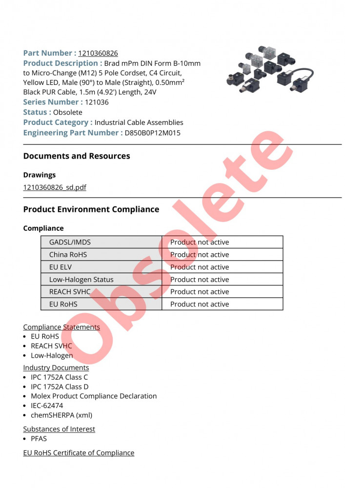 Molex cordset technical drawing, page 1
