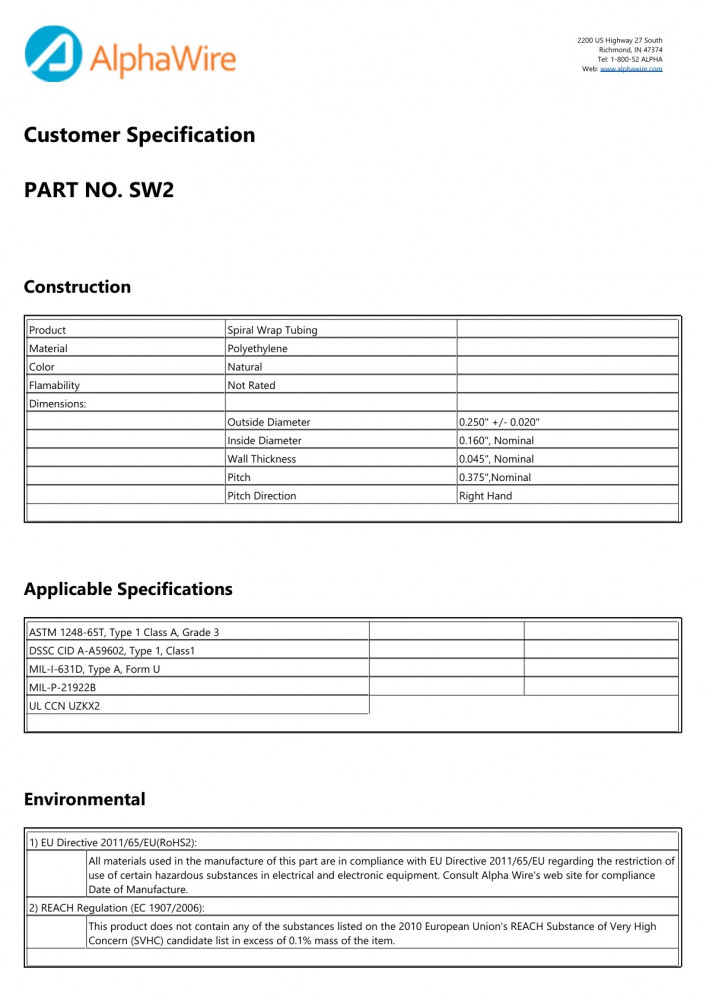 Alpha Wire SW2 technical document page 1