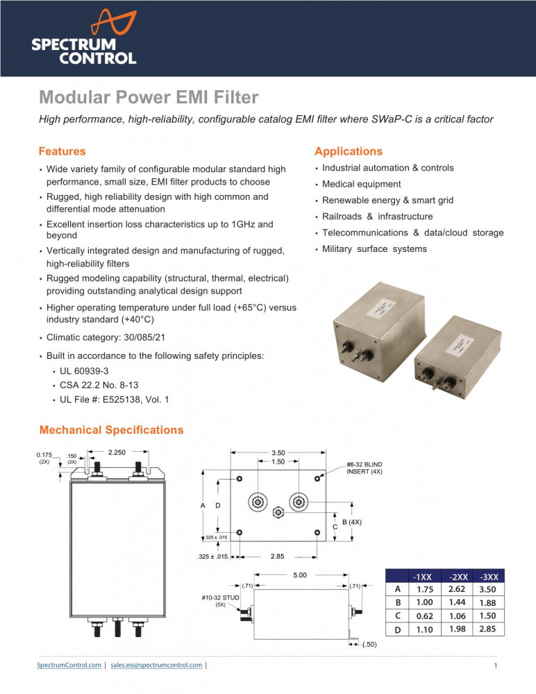 Spectrum Control modular power EMI filter document, page 1