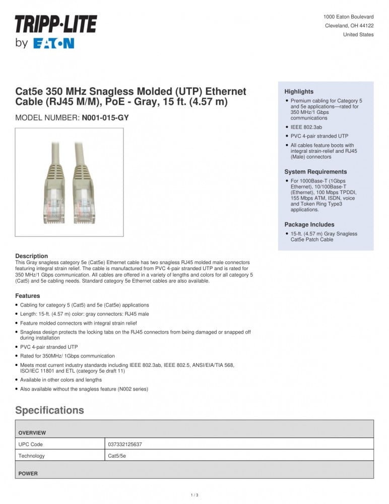 EATON N001-015-GY technical document page 1