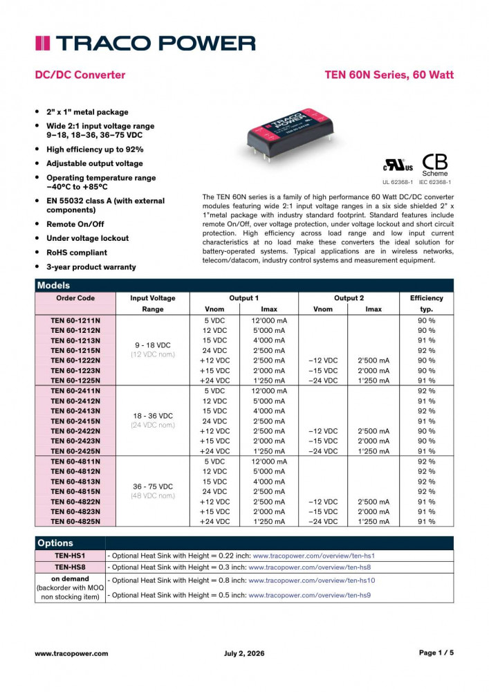 TEN 60N series technical document, page 1