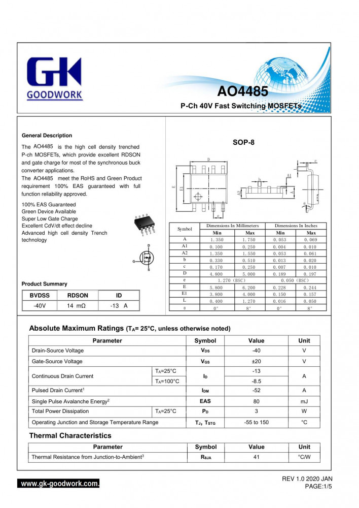 AO4485 technical document page 1