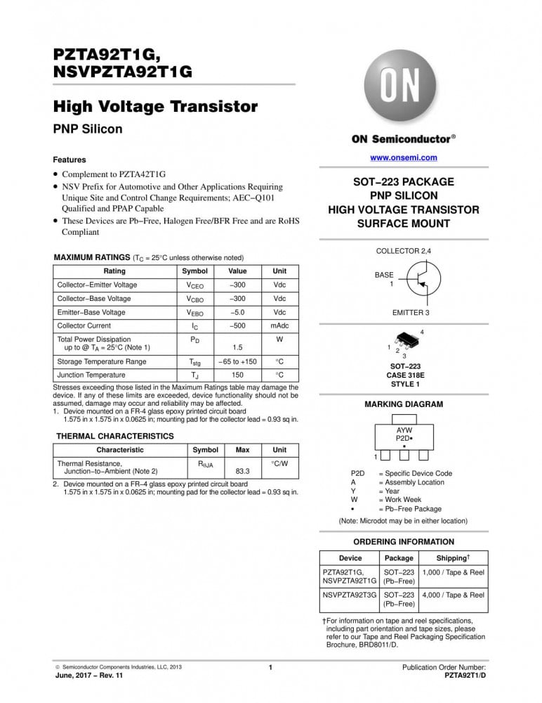 PZTA92T1G datasheet page 1