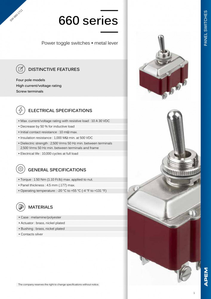 APEM 660 series datasheet page 1