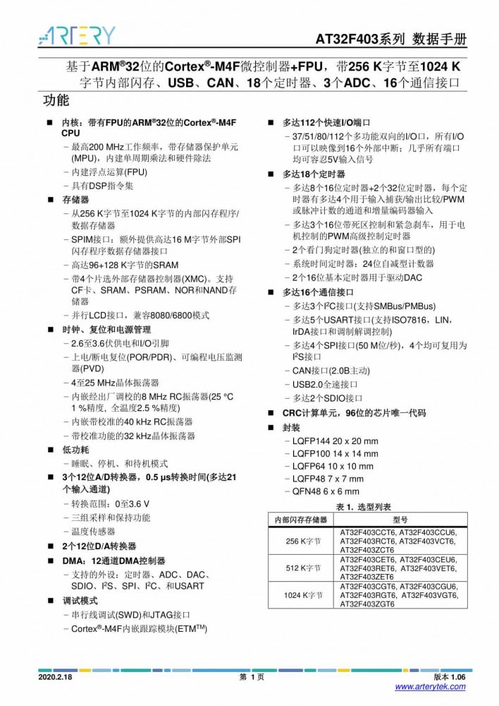 AT32F403 datasheet page 1