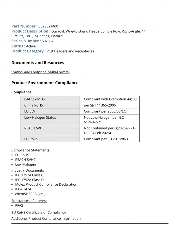 MOLEX 5023521400 technical document image, page 1