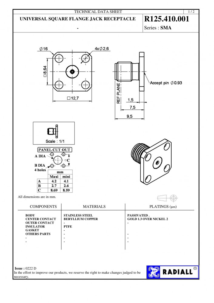 Radiall R125.410.001 technical document, page 1