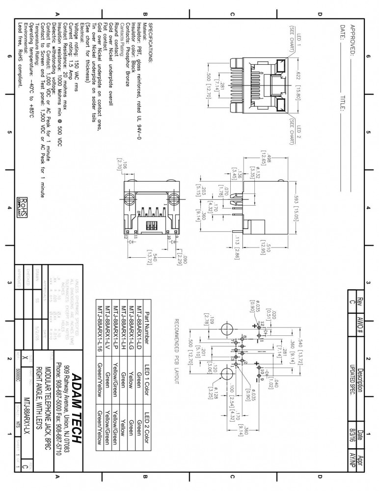 ADAM TECH MTJ-88ARX1-LH technical drawing