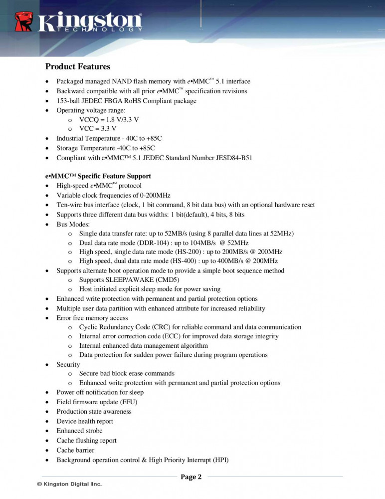Kingston eMMC datasheet page 2