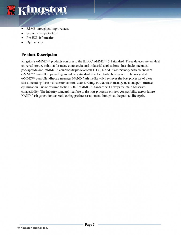 Kingston eMMC datasheet page 3