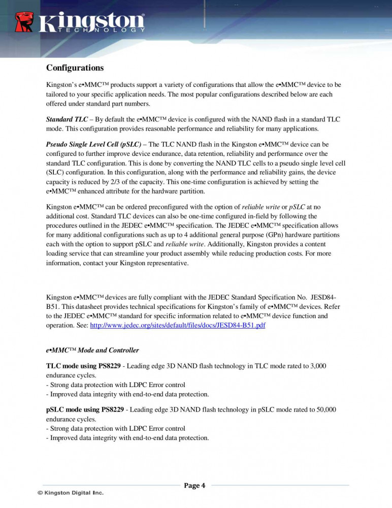 Kingston eMMC datasheet page 4