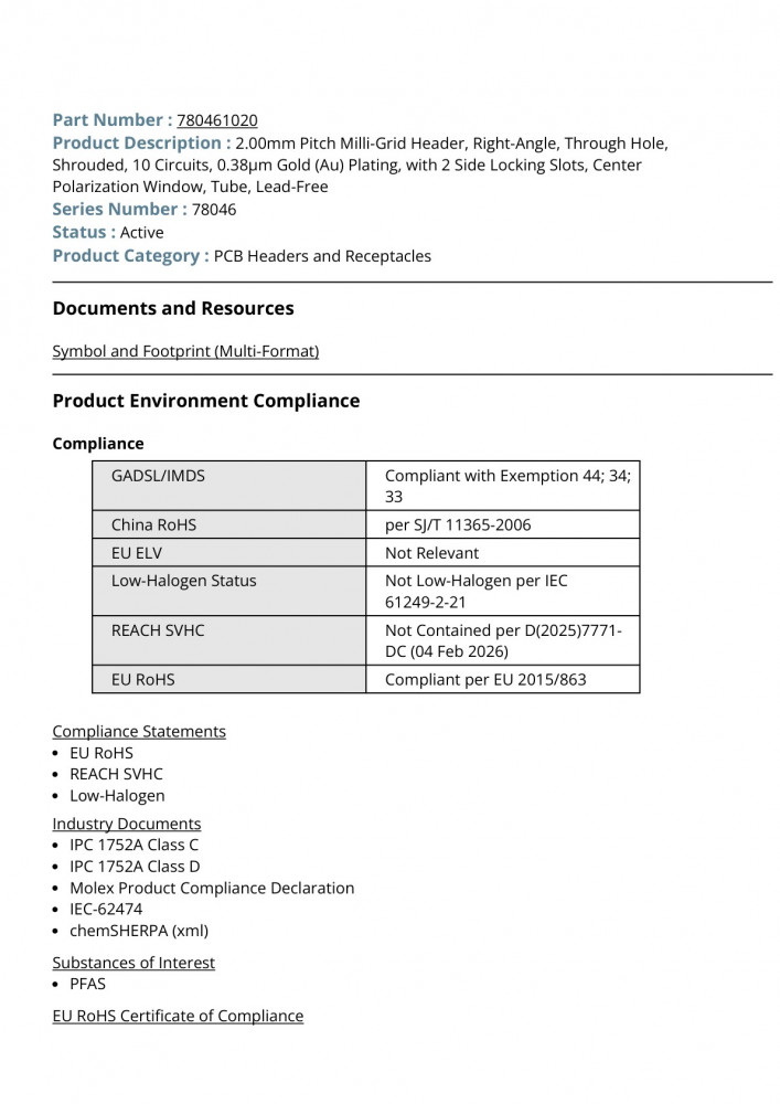 Molex 780461020 document page 1