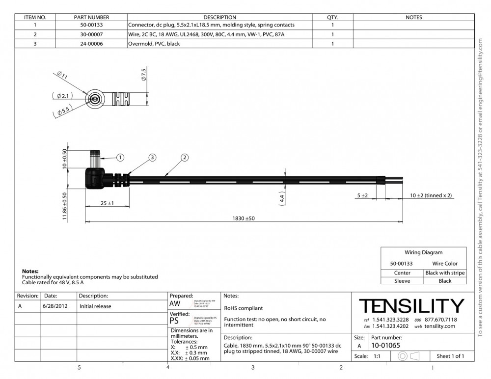 Tensility International 10-01065 cable assembly product drawing