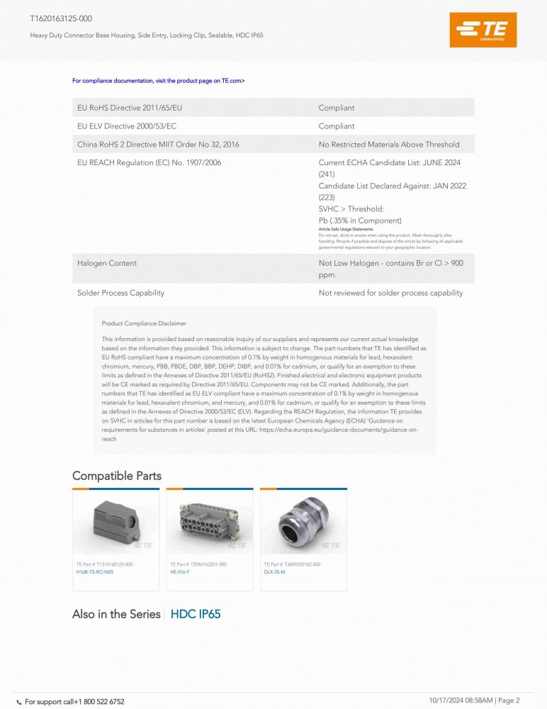 TE Connectivity product documentation page 2