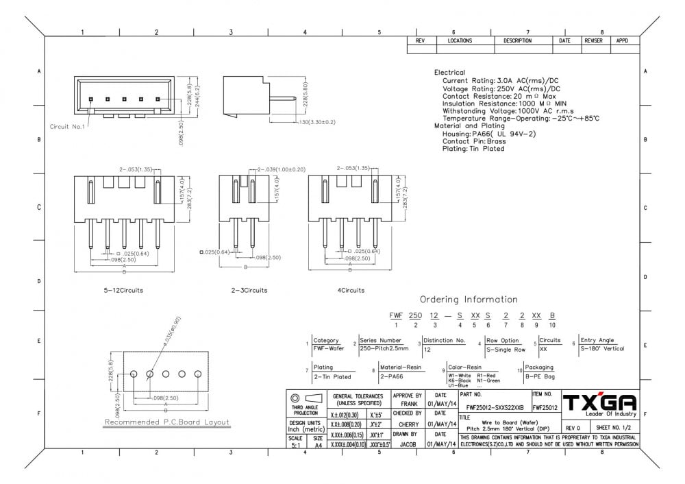 TXGA FWF25012 product drawing page 1