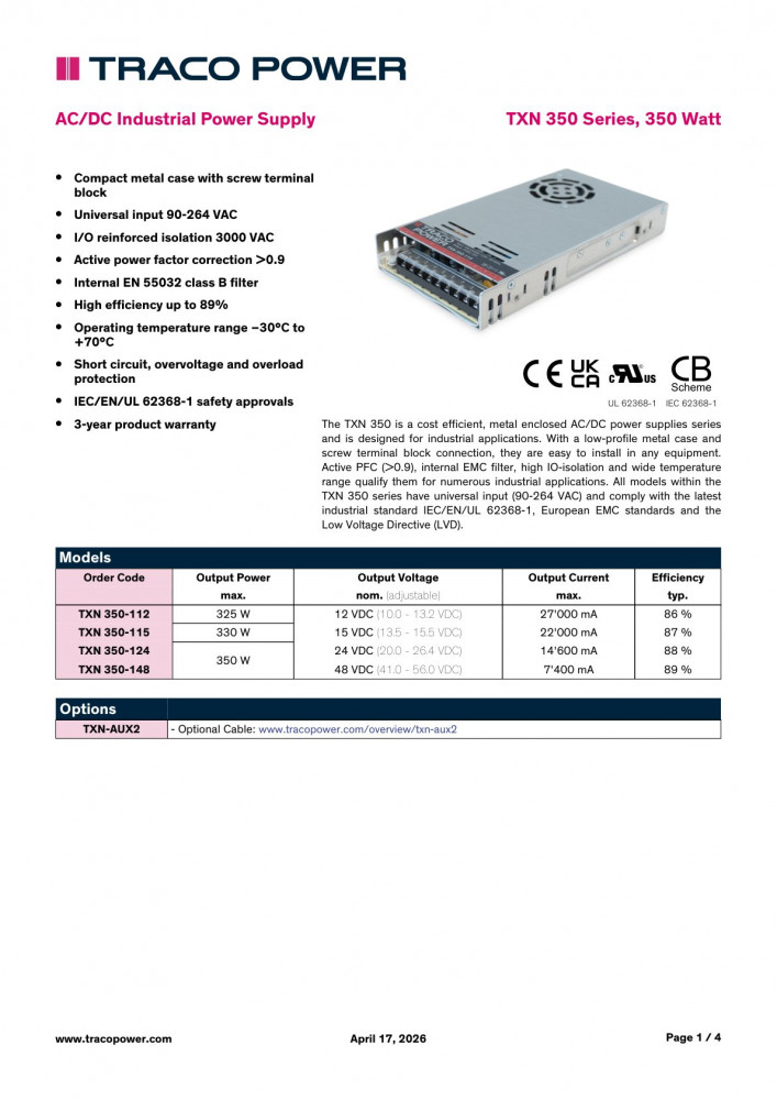TXN 350 series technical document, page 1