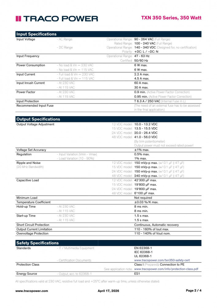 TXN 350 series technical document, page 2