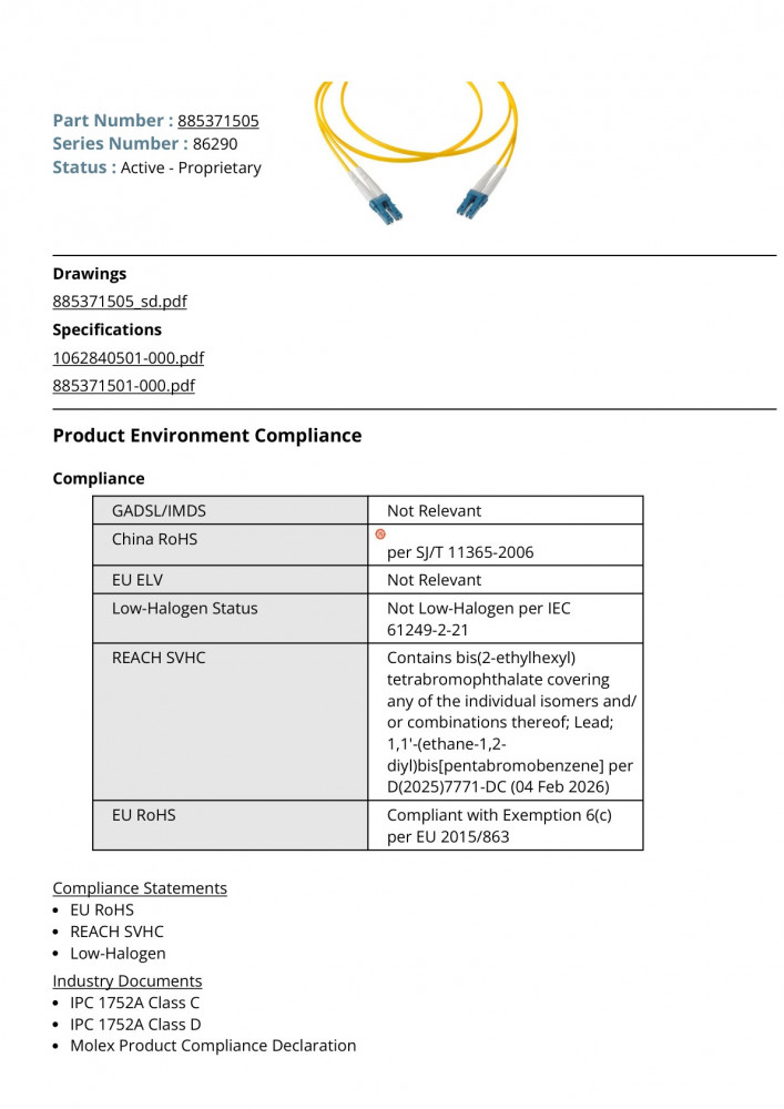 Molex 885371505 product drawing document preview