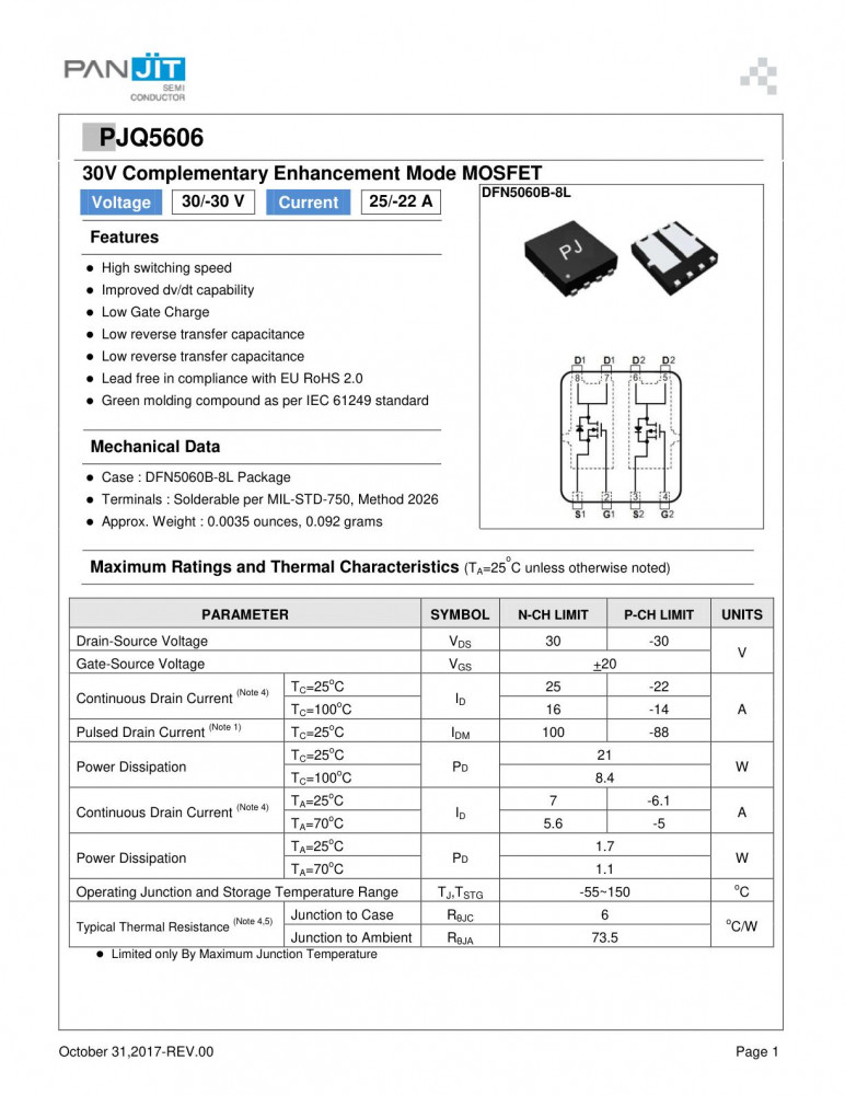 PJQ5606 datasheet page 1