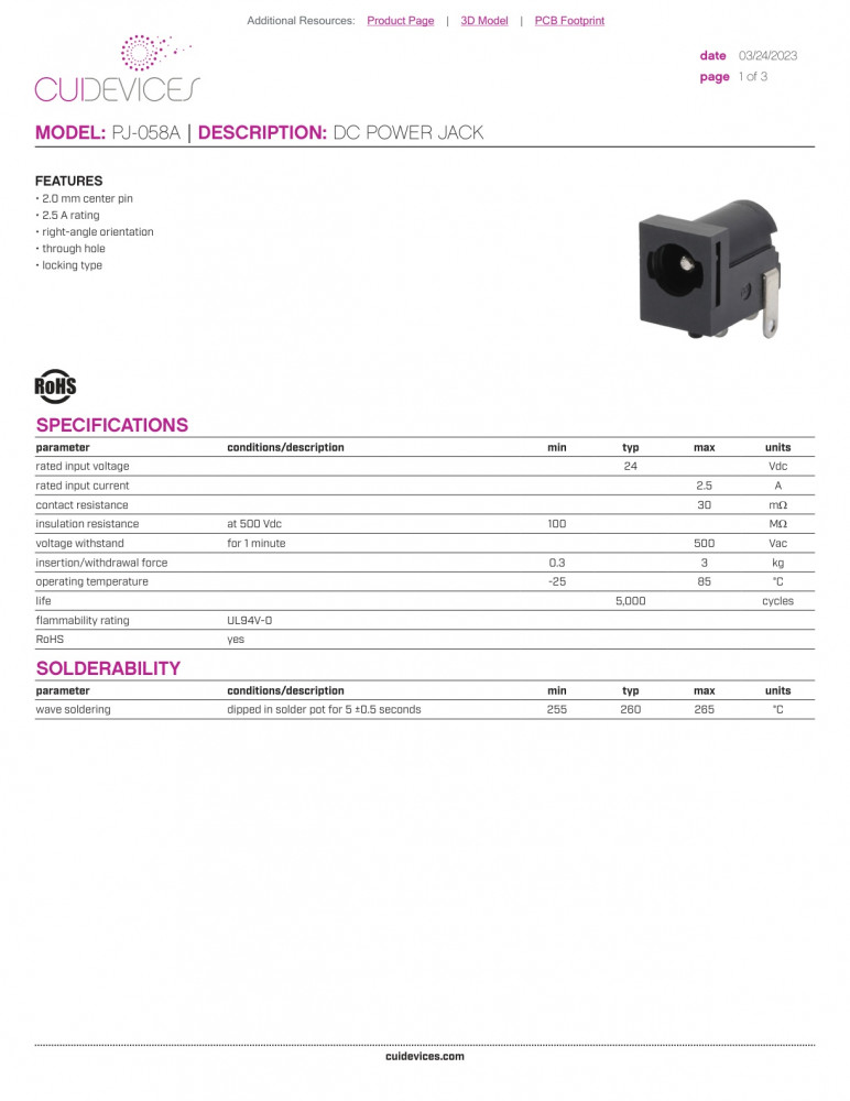 CUI PJ-058A technical document page 1