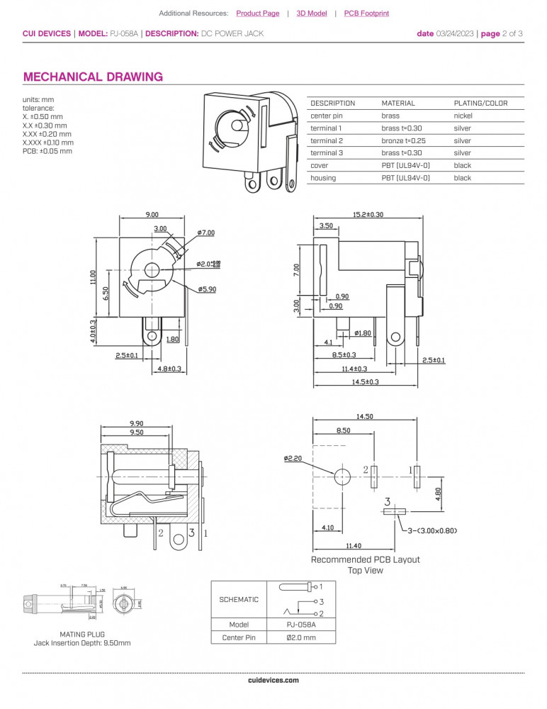 CUI PJ-058A technical document page 2