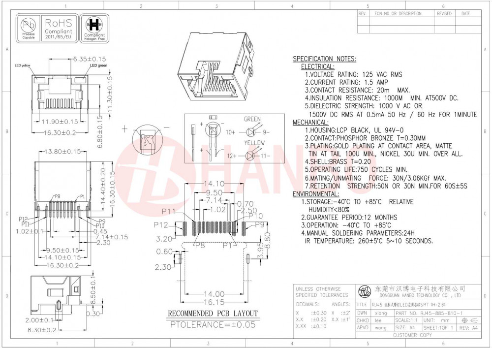 Hanbo Electronic RJ45-885-810-1 technical drawing