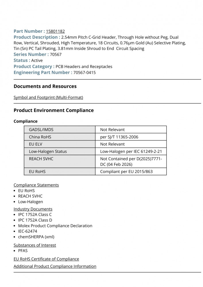 Technical document page 1 for MOLEX 15801182