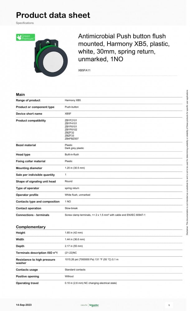 XB5FA11 technical document page 1