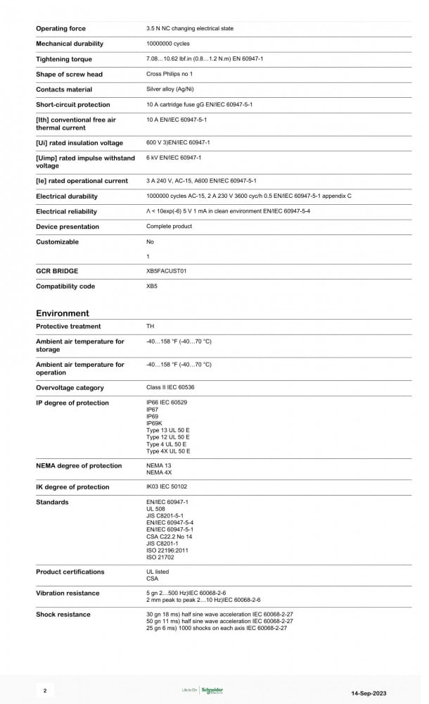 XB5FA11 technical document page 2