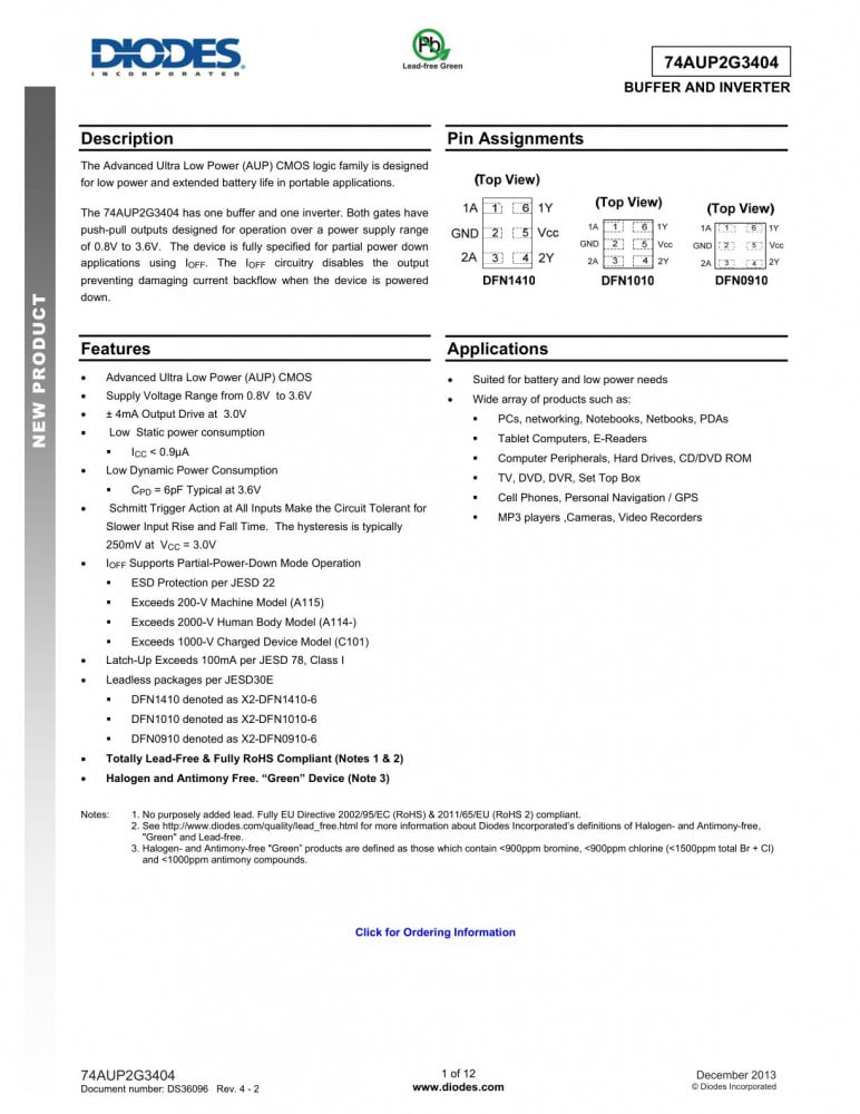 74AUP2G3404FW4-7 datasheet page 1