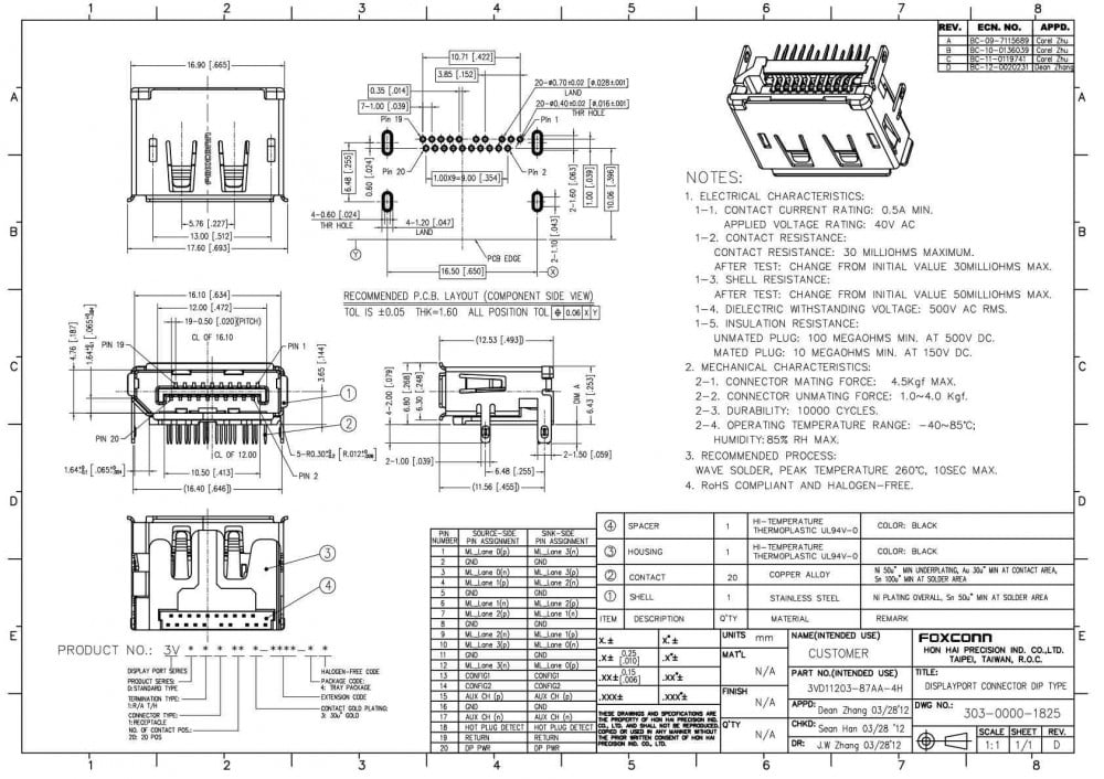 FOXCONN DisplayPort connector technical drawing