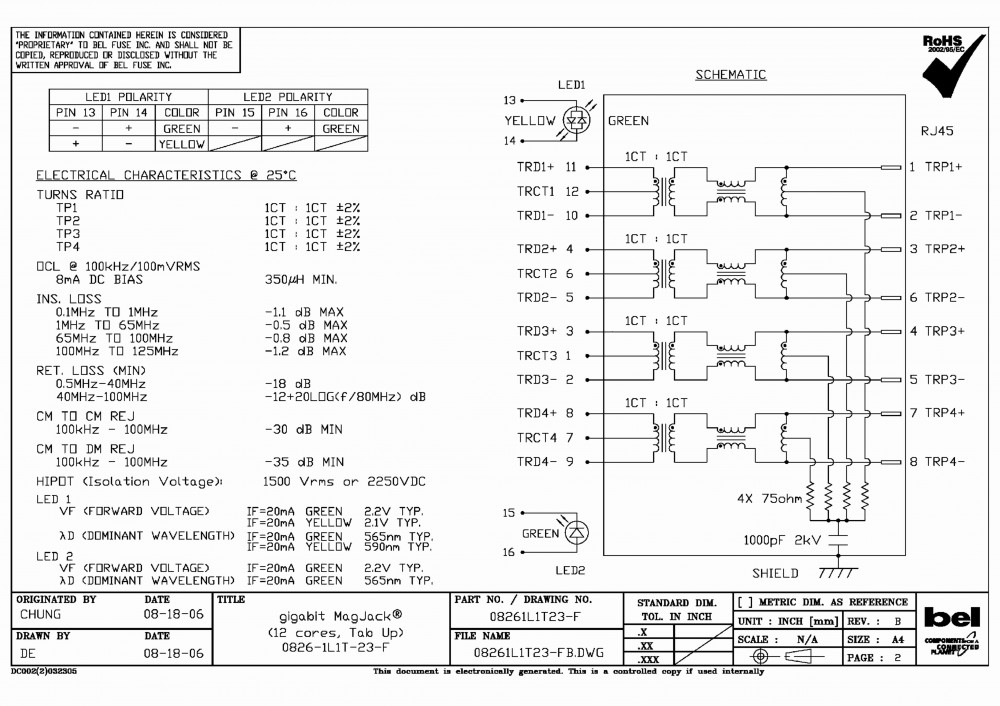 Bel Fuse 0826-1L1T-23-F technical document page 1