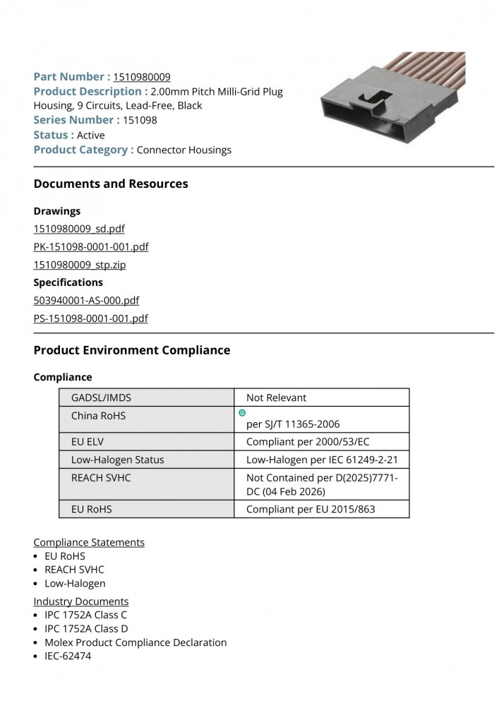 MOLEX 1510980009 product specification page 1