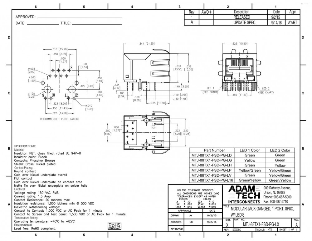 ADAM TECH MTJ-88TX1-FSD-PG-LD technical drawing