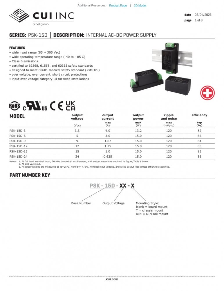 CUI PSK-15D datasheet page 1