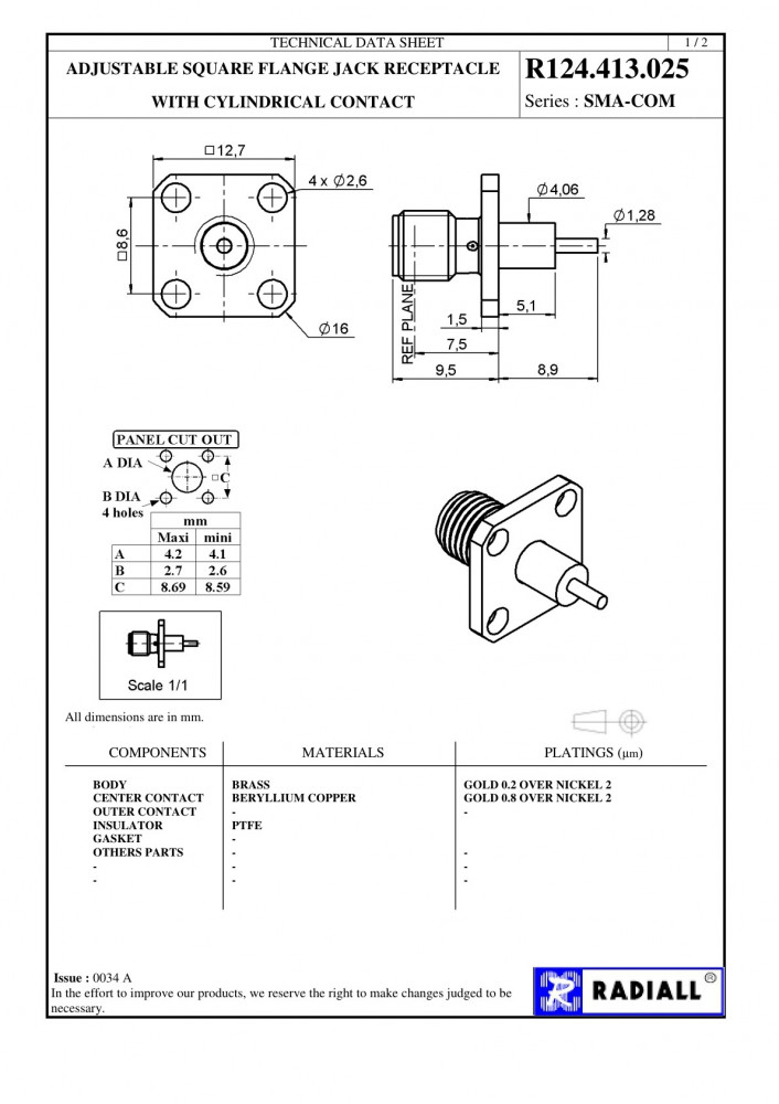 Radiall R124413025 technical datasheet page 1