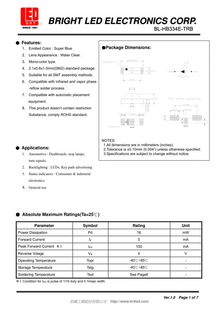 BL-HB334E-TRB datasheet page 1