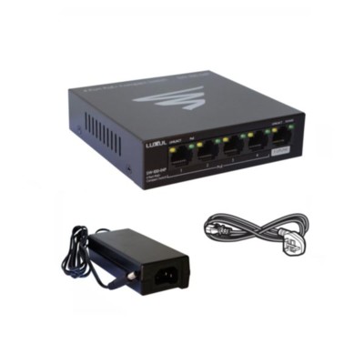 Gigabit PoE switch with 4 ports and 1 uplink port for placing on a shelf or a wall for sale