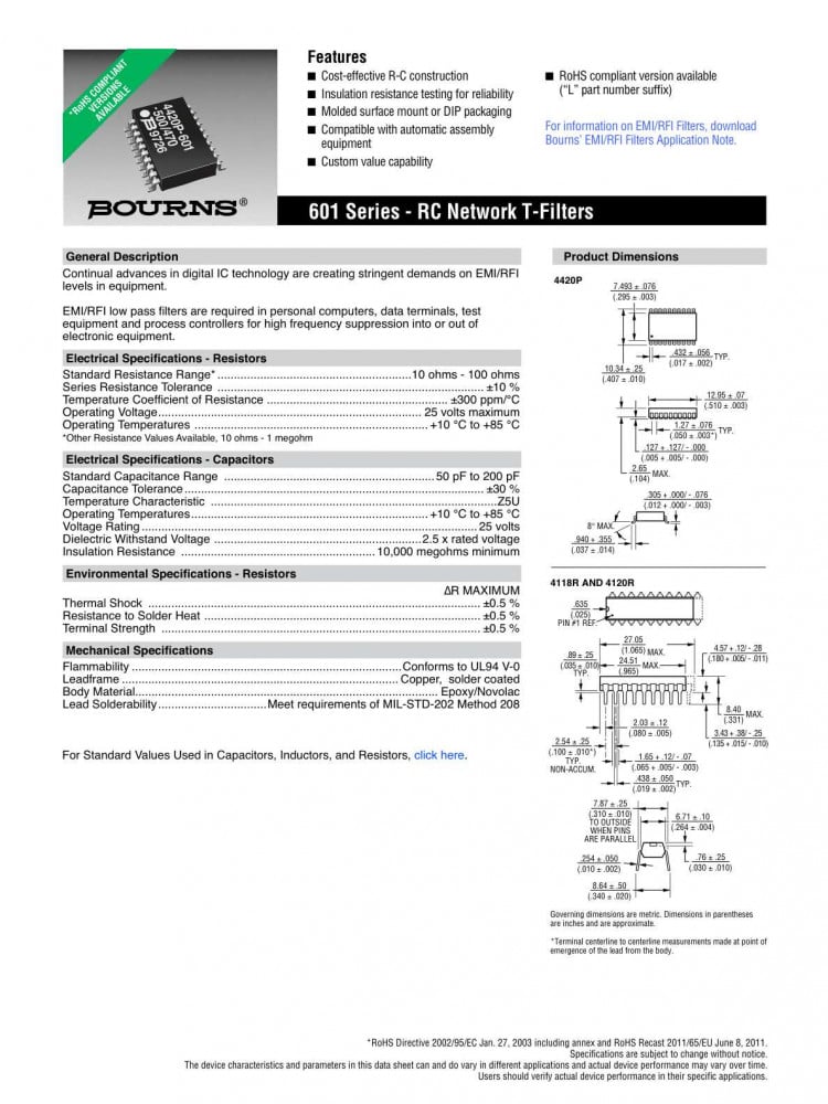 BOURNS 601 Series RC Network T-Filters datasheet page 1