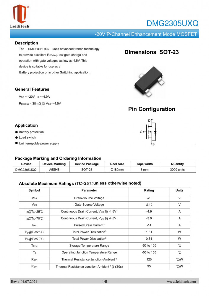 DMG2305UXQ datasheet page 1