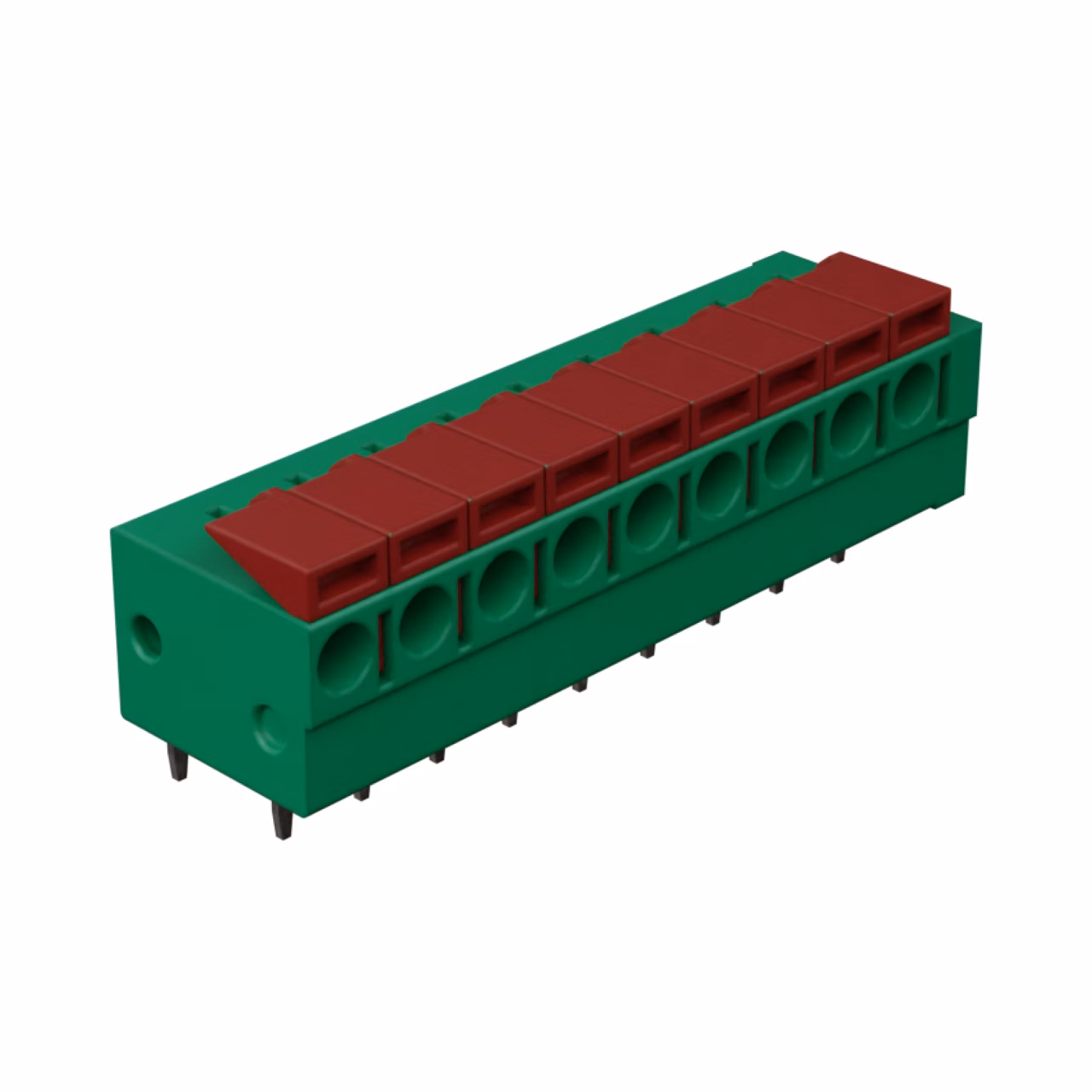 5.00mm Pitch, Eurostyle Fixed-Mount Push-Button Terminal Block, Horizontal, 10A, 22-14 AWG, Green, 9 Circuits for sale