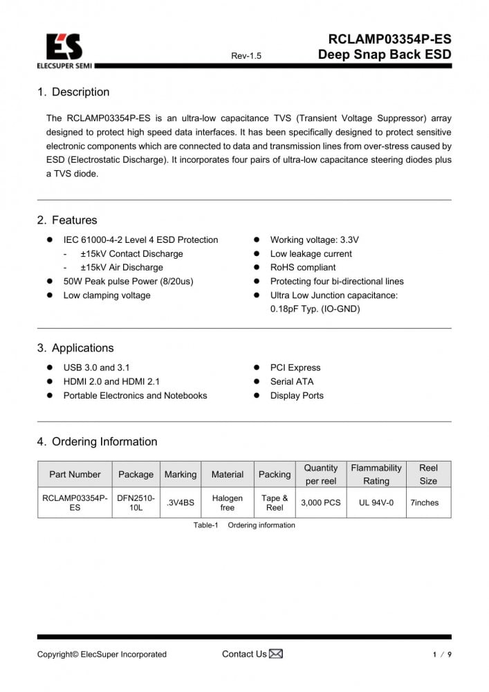 RClAMP03354P-ES datasheet page 1