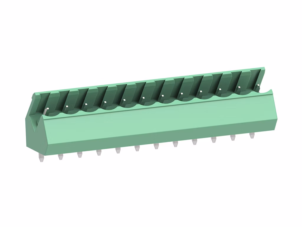 5.00mm Pitch Eurostyle 45° Angle PCB Header, Open Ends, 3 Circuits, Green