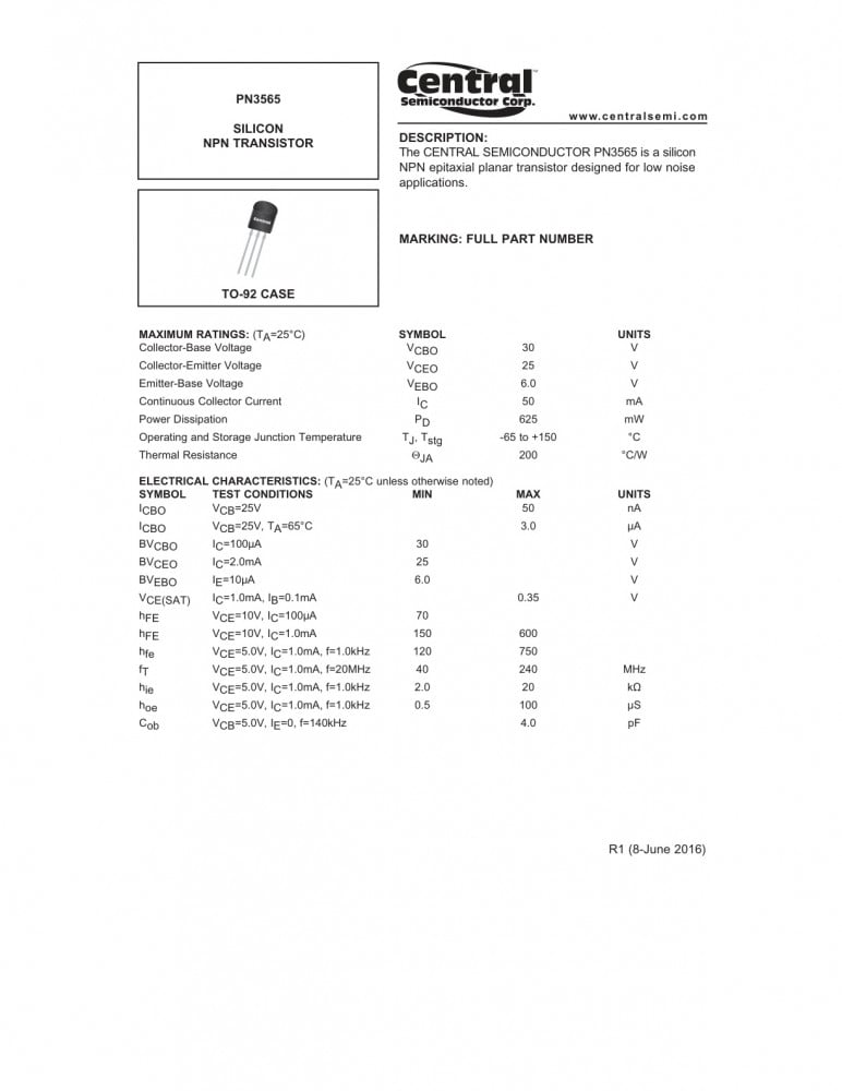 PN3565 datasheet page 1