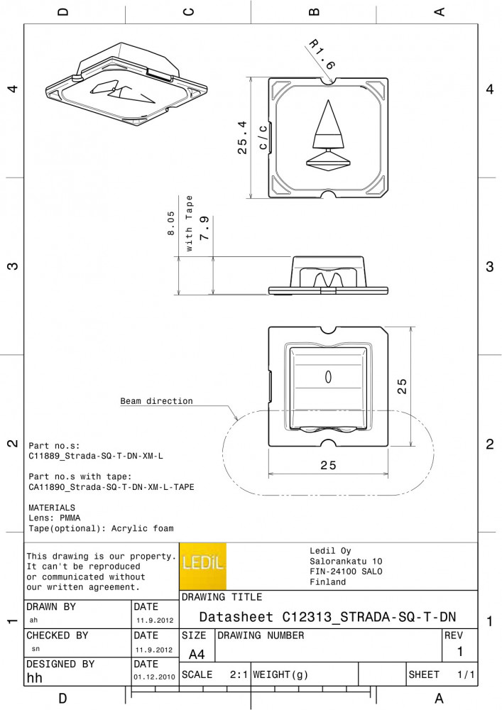 Supplied document image; content appears to identify a LEDIL Strada optical product