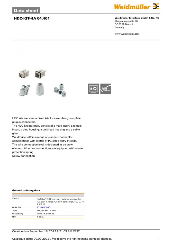 WEIDMULLER HDC-KIT-HA 04.401 technical document page 1