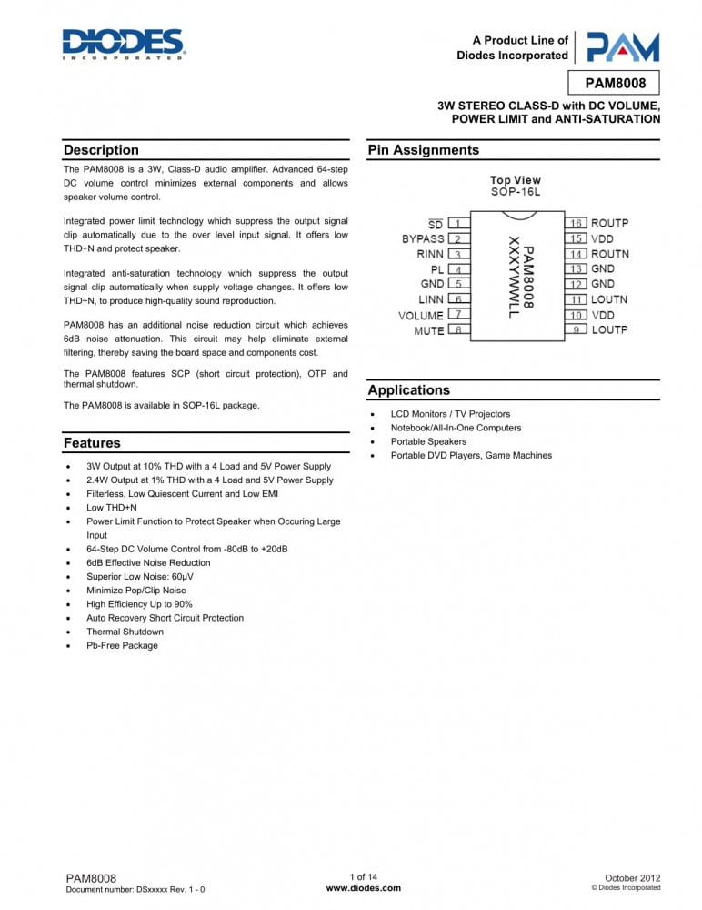 PAM8008DR datasheet page 1