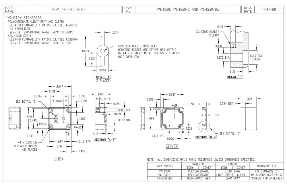 Bud Industries PN-1330 enclosure technical drawing page