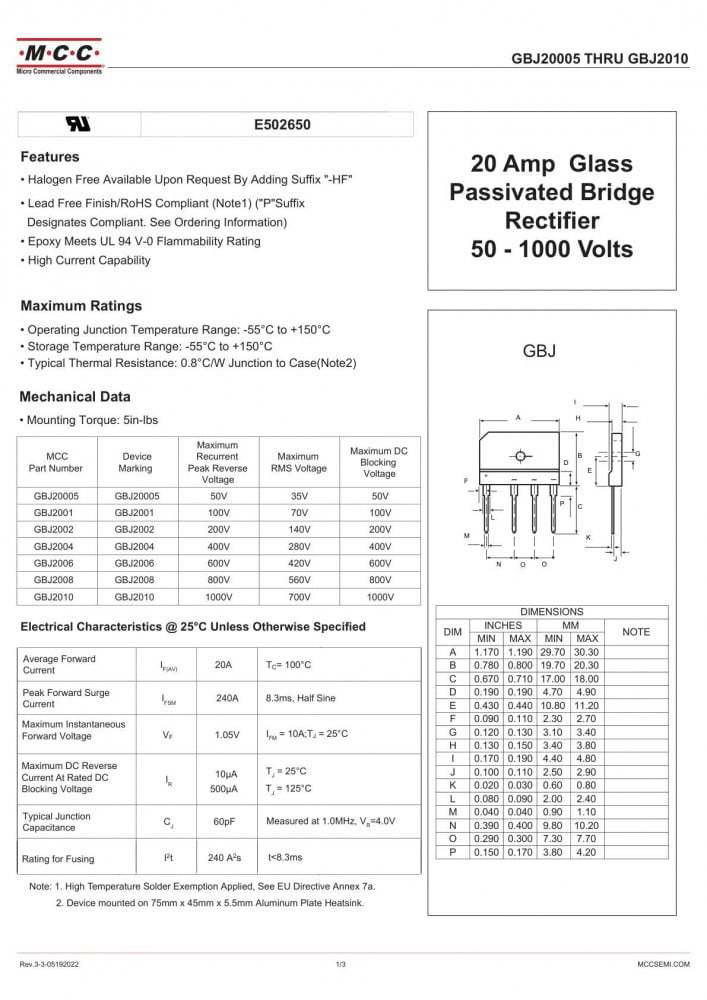 MCC GBJ2006-BP datasheet page 1